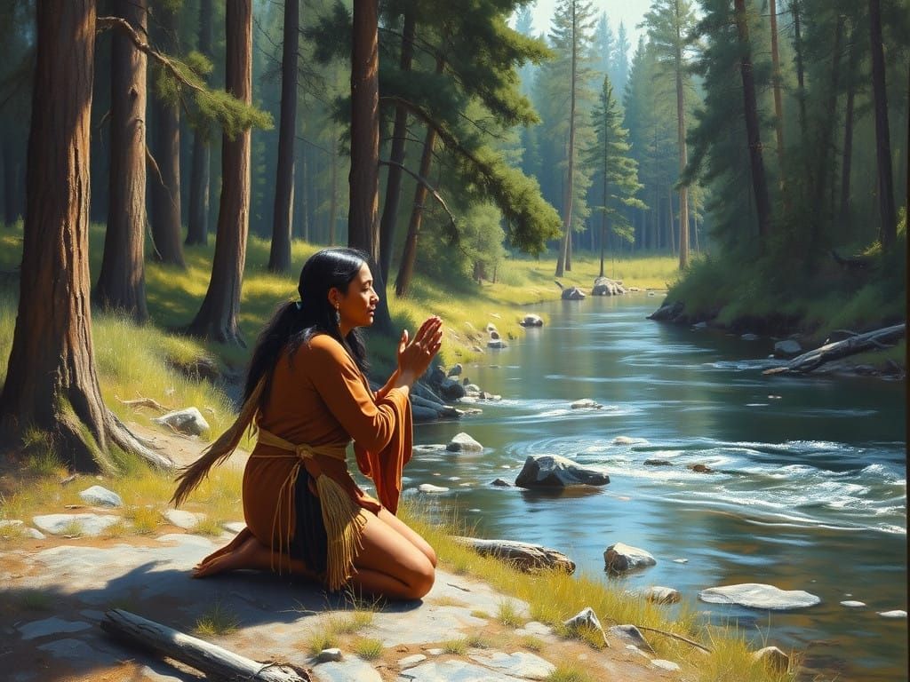 Surreal Native American Scene with River in Backgr... - AI Art
