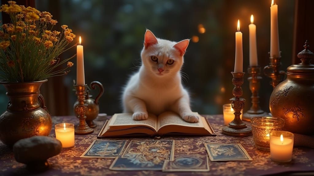 midnight alchemy table tarot grimoires artefacts lots of candles and golden flowers divination ...