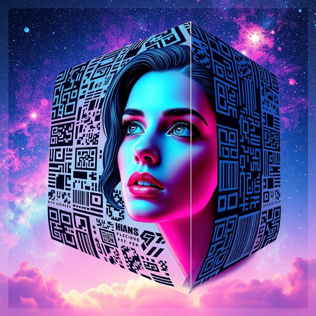 Feminine Face in Neon Cubic Universe with QR Codes... - AI Art