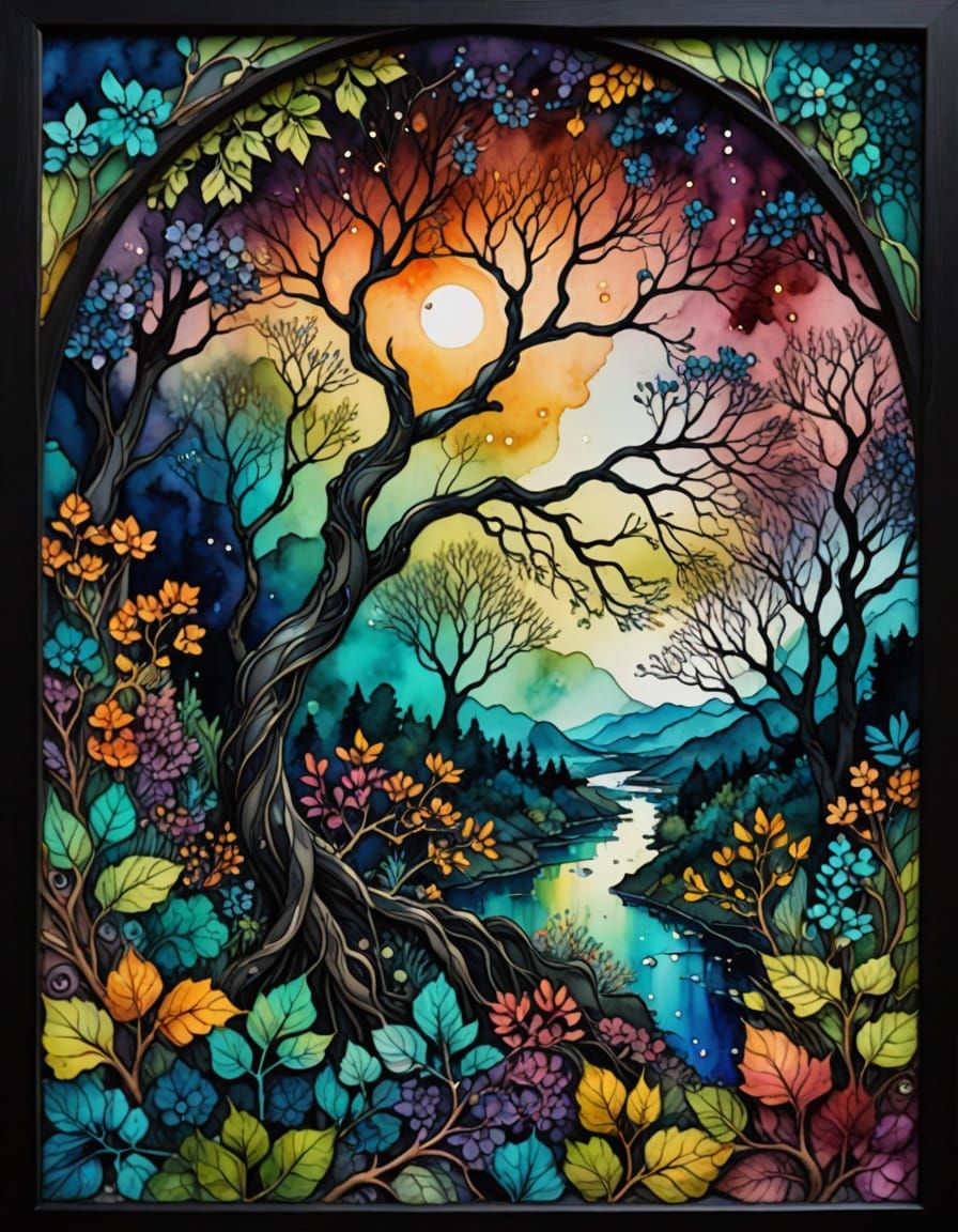 Ethereal Dark Fae Garden in Intricate Alcohol Ink - AI Art