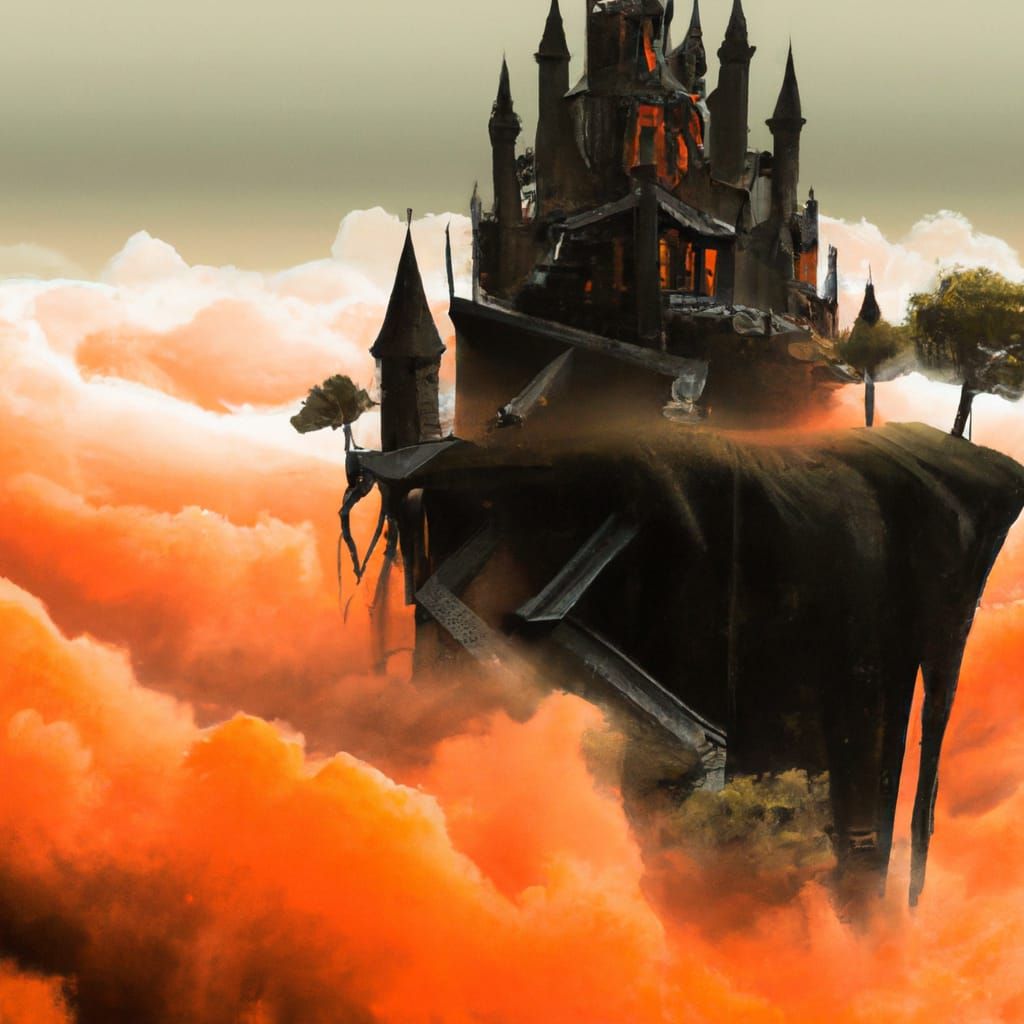 Black and orange psychedelic castle over the clouds, Whimsical Melting ...