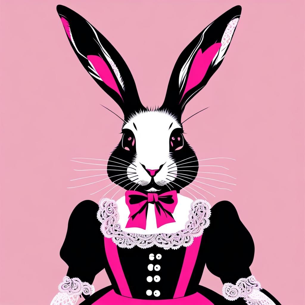 a black and pink anthropomorphic female rabbit wearing a lace French ...