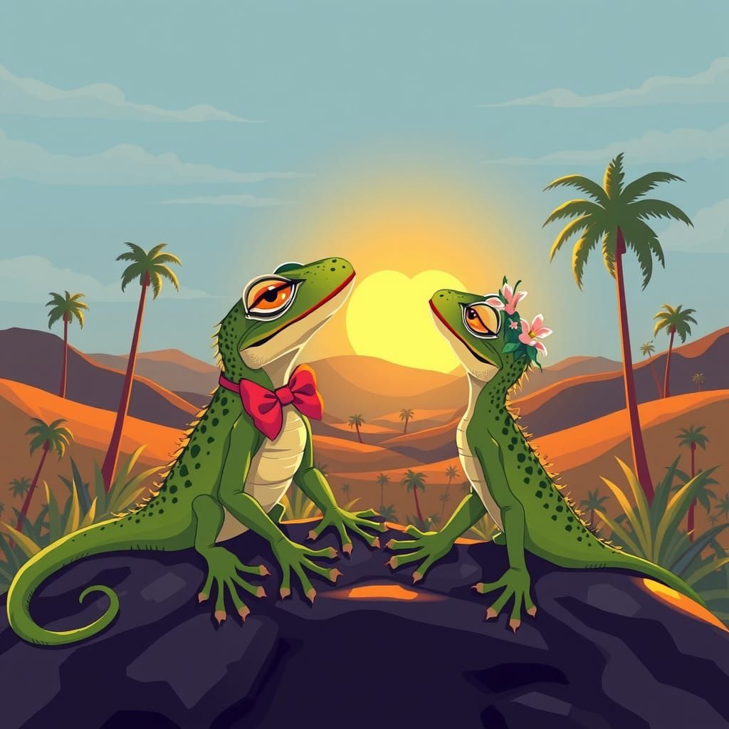 Loving Lizards Watch Heart-Shaped Sun in Whimsical... - AI Art