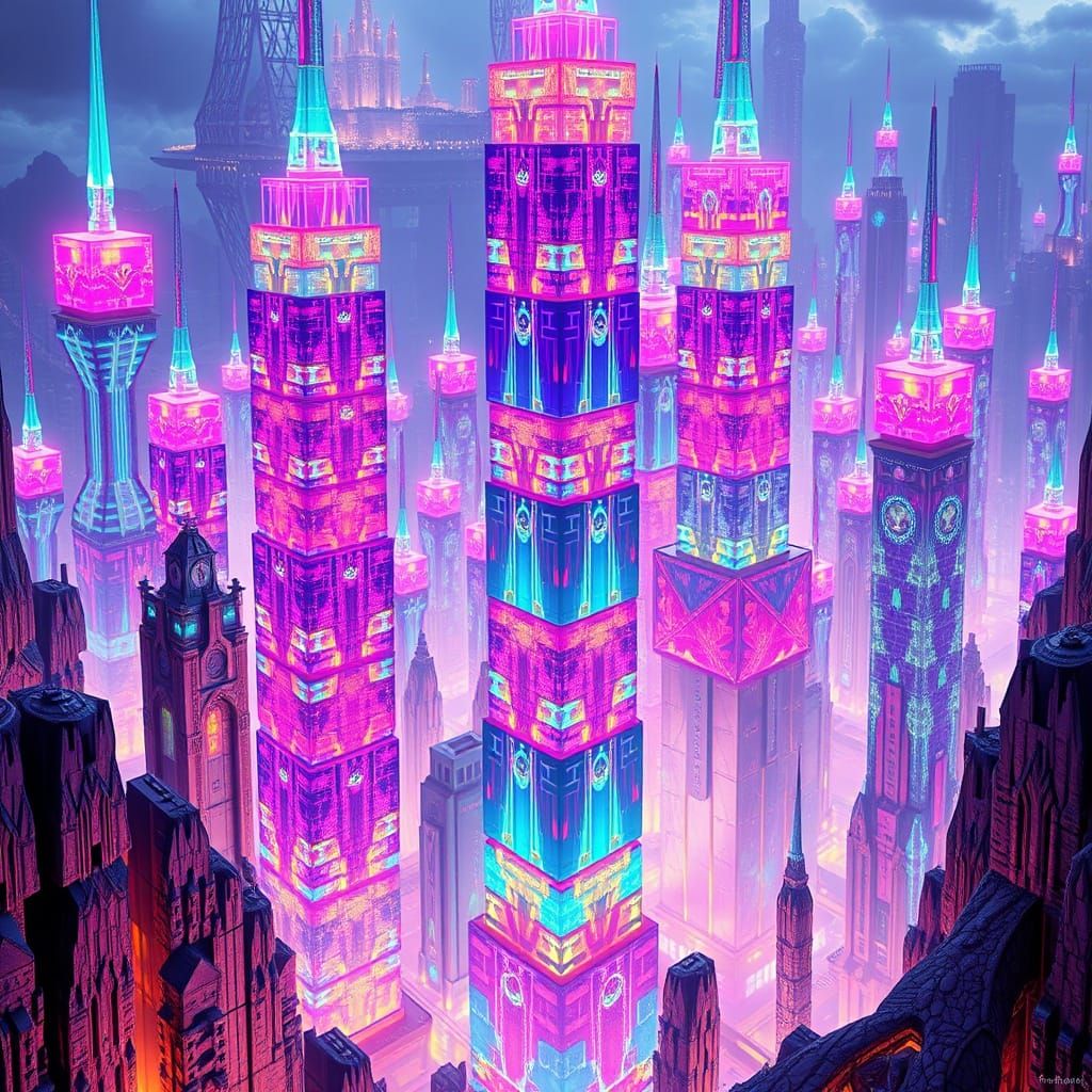 Futuristic City of Glowing Cube Towers in Vibrant ... - AI Art