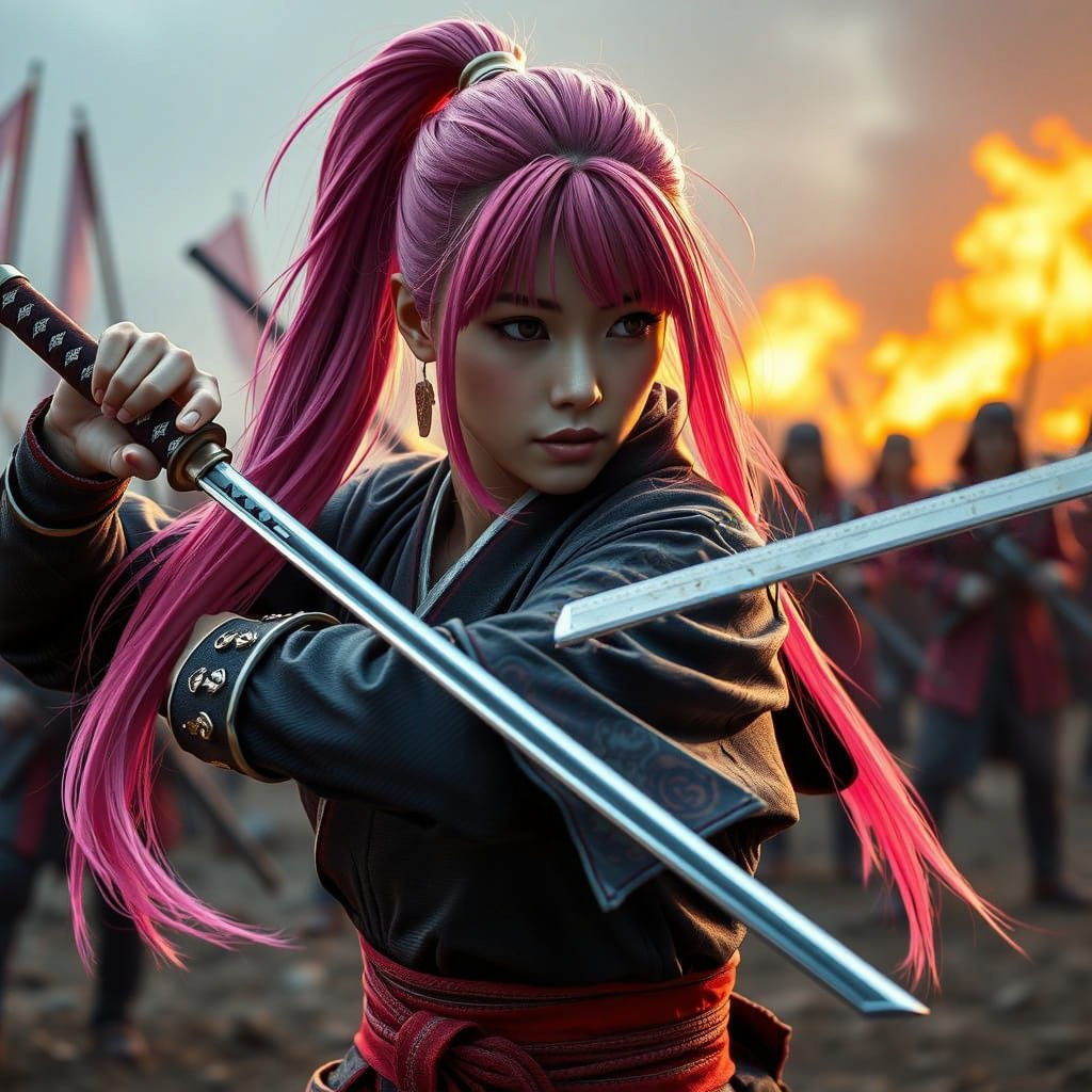 Japanese war - Neon Pink Shinobi Warrior in Epic Battlefield