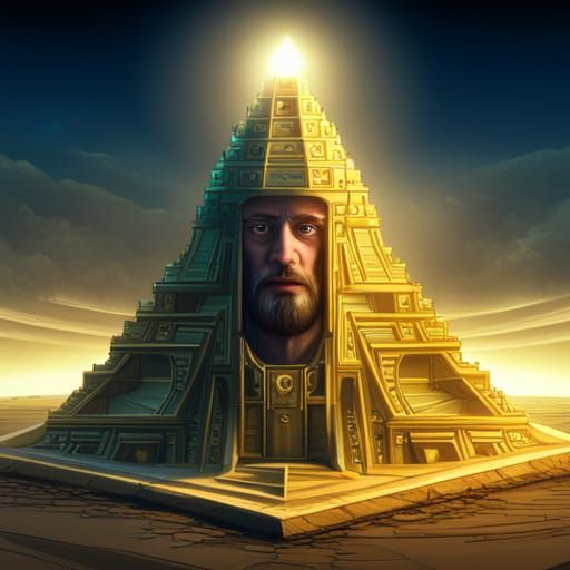 A computer scientist with a golden pyramid on his head ; masterpiece ...