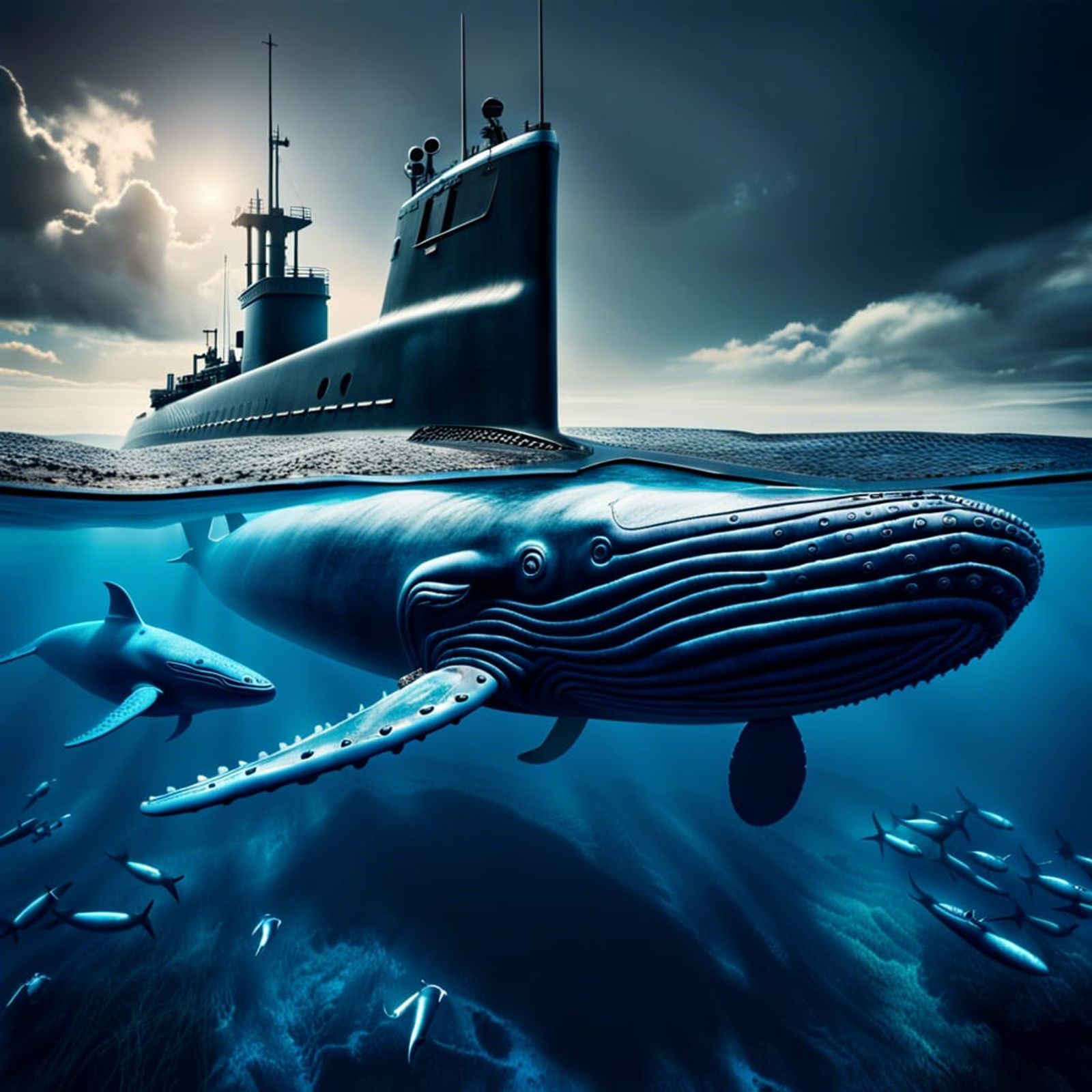 Whales swimming near military submarine in ocean, intricate details ...