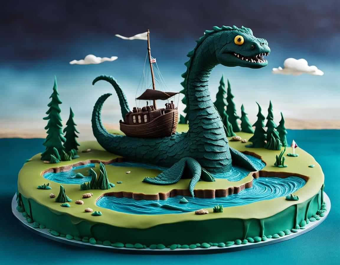 Cake in the style of a loch with the Loch Ness Monster coming out of ...