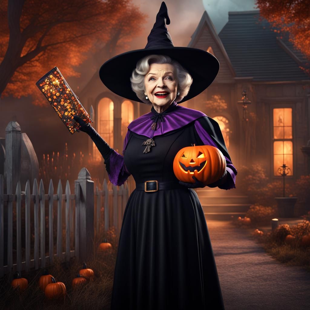 Betty White dressed as a witch giving out candy to trick or treaters ...