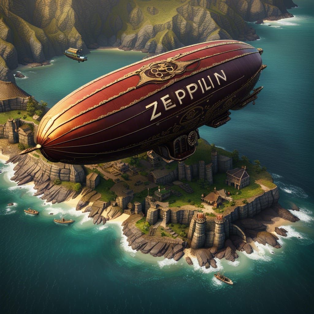 Zeppelin airship flying over the coast of Cornwall detailed matte ...
