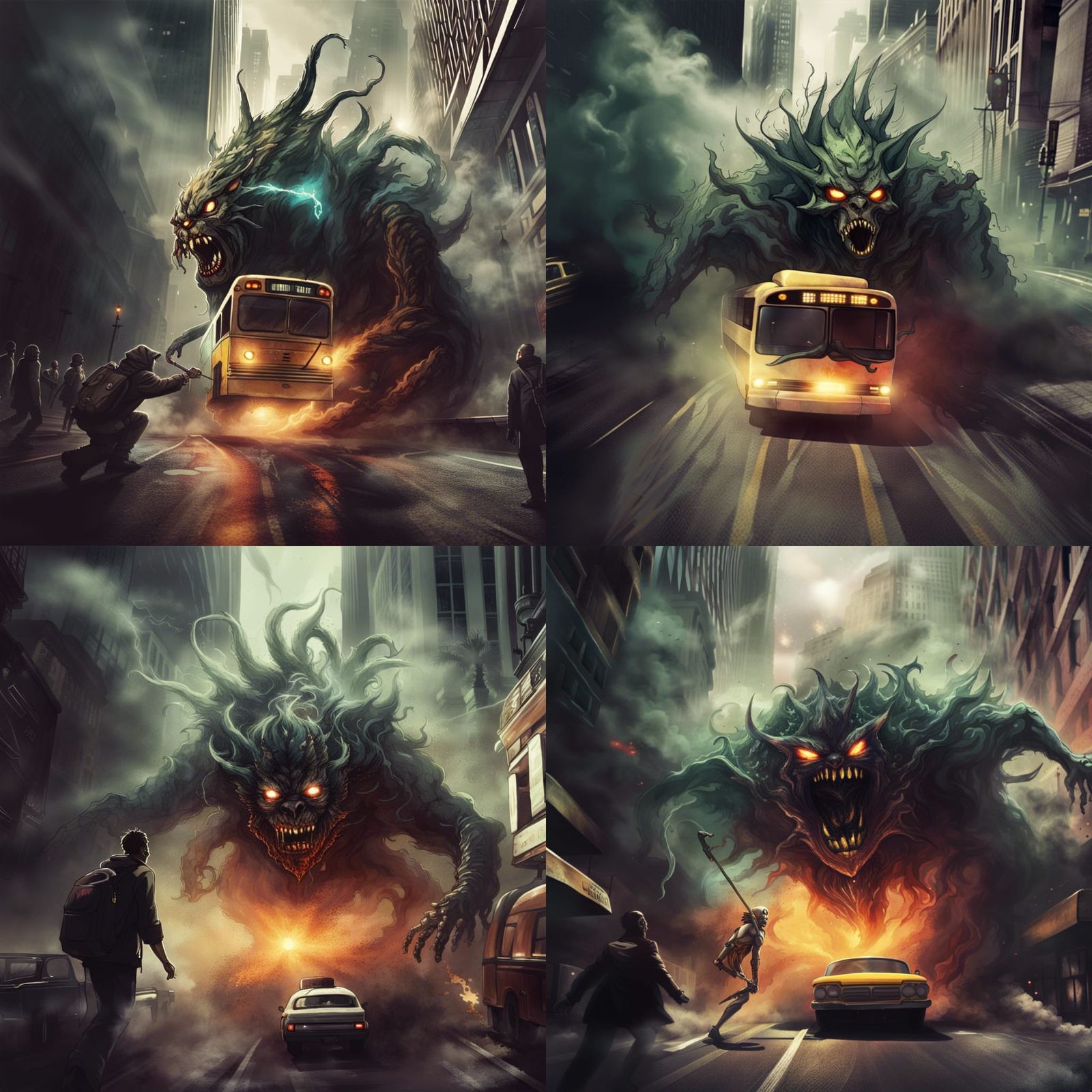 smoke demon creature destroying a passing bus on city streets, gritty ...