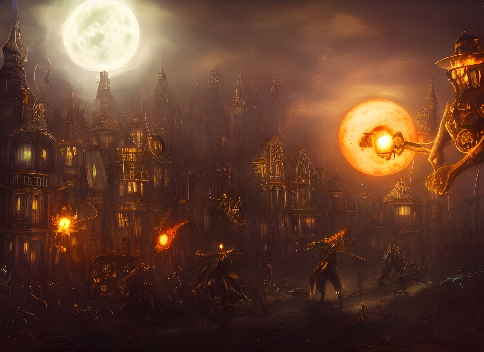 steampunk wizards battling at night in flaming castle under full moon ...