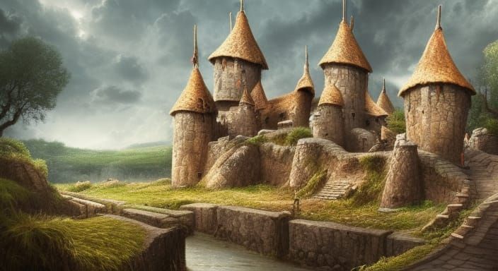 a medieval wooden fort surrounded by a ditch, it is located next to ...