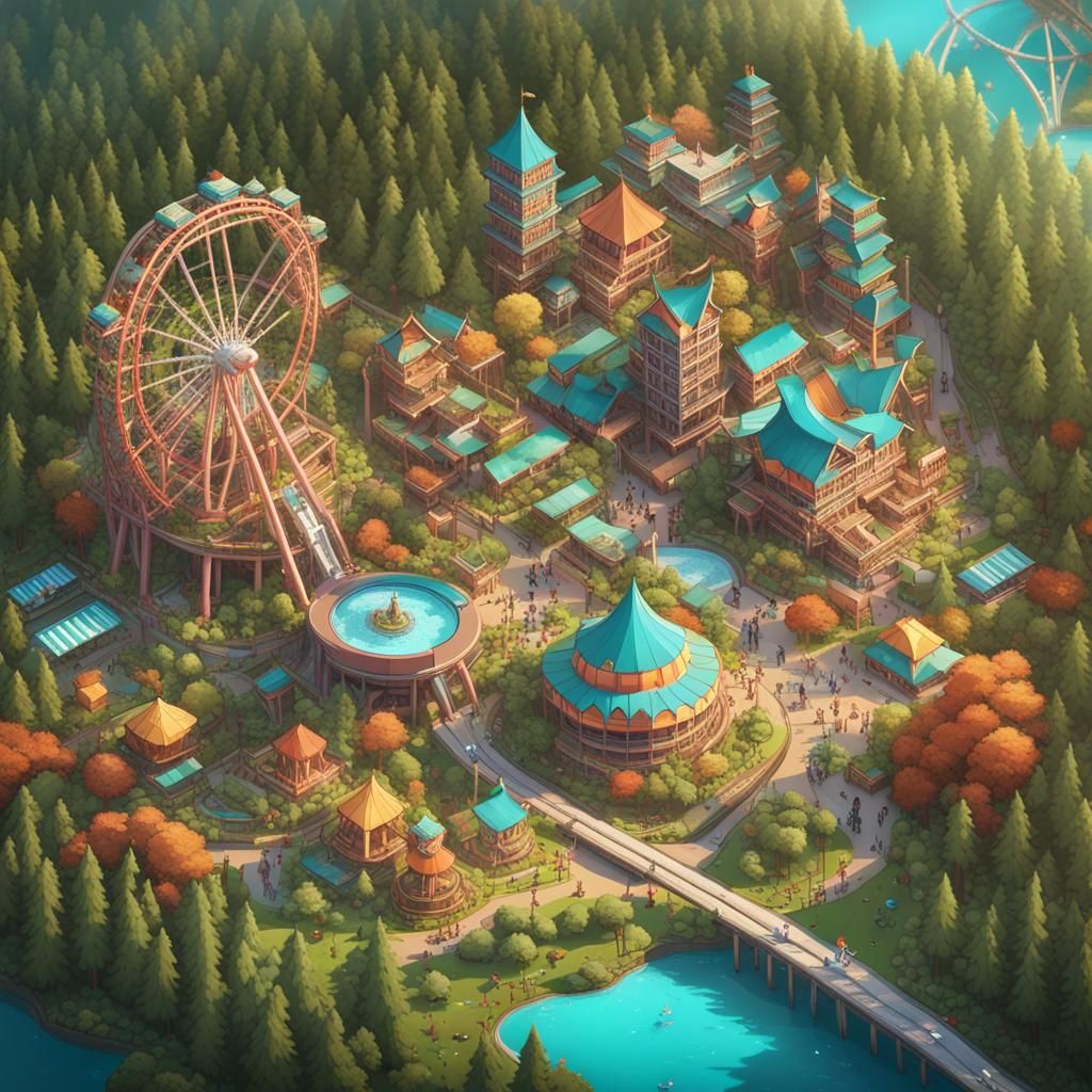 Isometric theme park, vibrant colors, eco-conscious theme park cradled ...