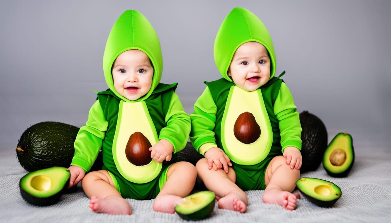 twins in matching avocado fancy dress costumes for Halloween - AI ...