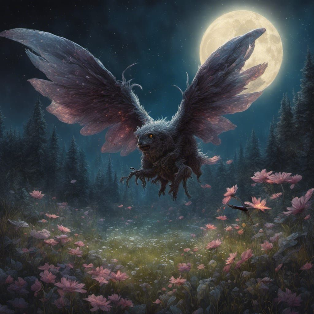 pixies creature flying everywhere, night sky, moon, flower field ...