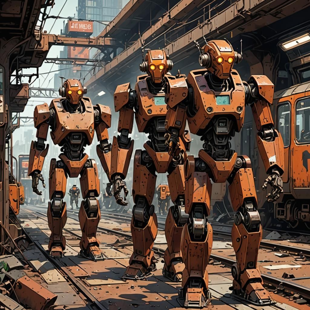 Comic art, sci-fi, retro. Full body rust-colored robots in a Metro city ...