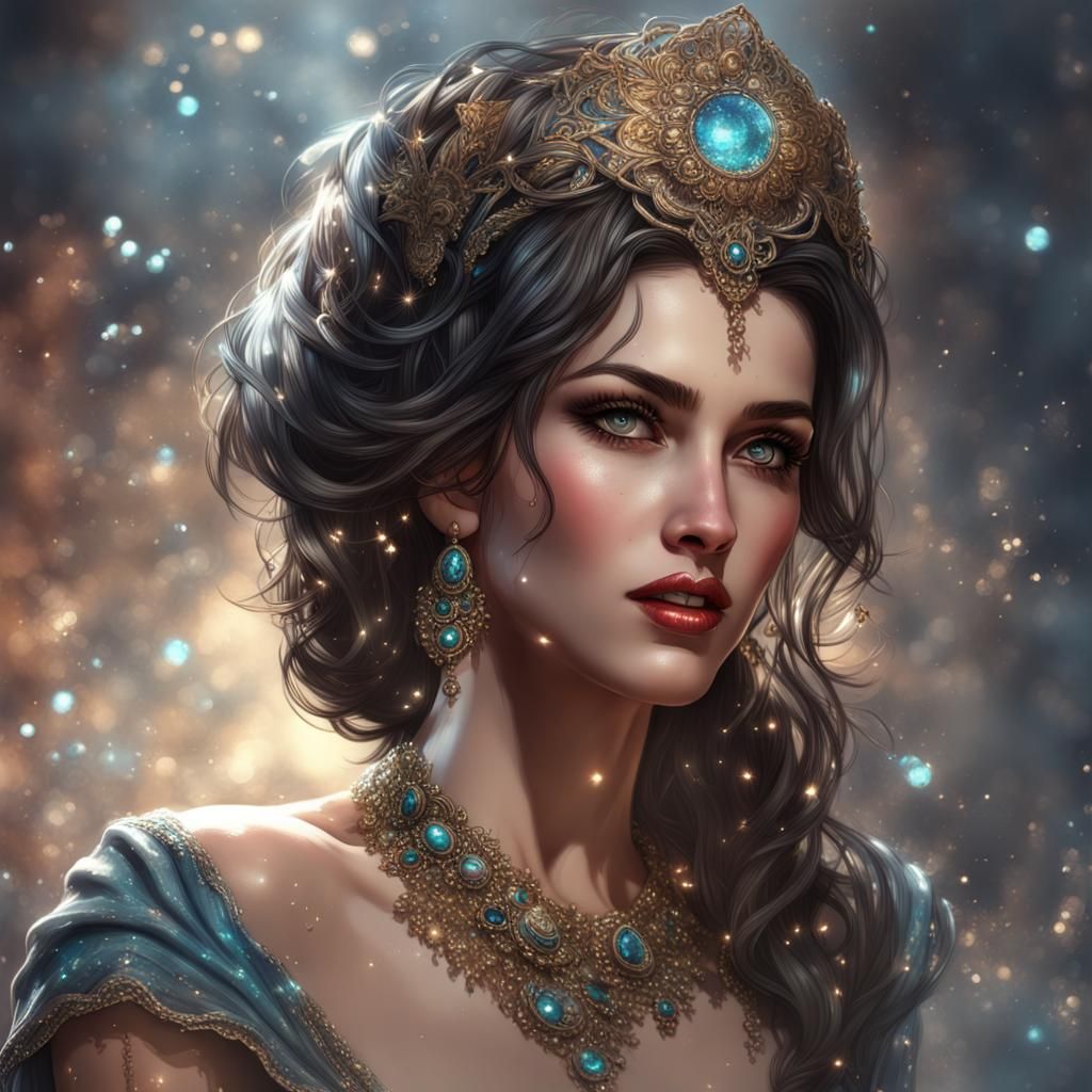 pretty female syrian female, splash art, 1950s, Royo, modern look ...