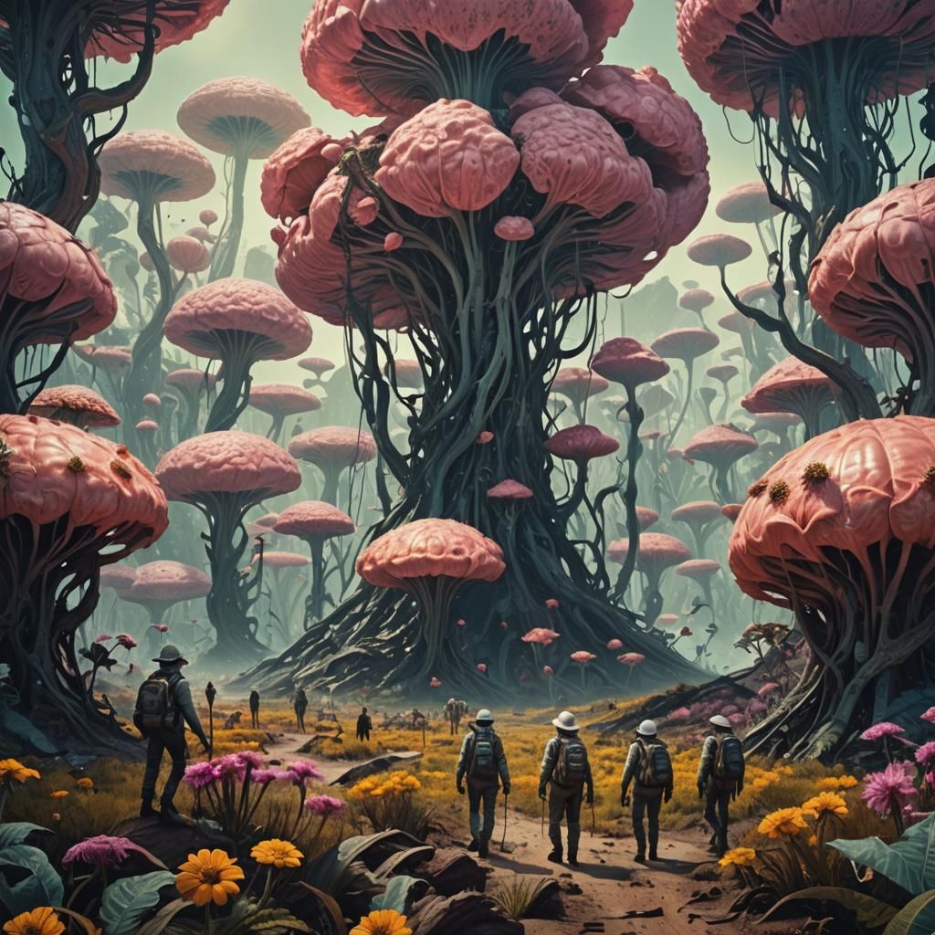 Explorers walking among giant alien flowers on an alien forest planet ...