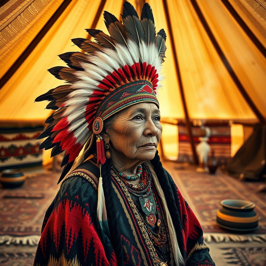 A elder American Indian woman inside a spacious teepee