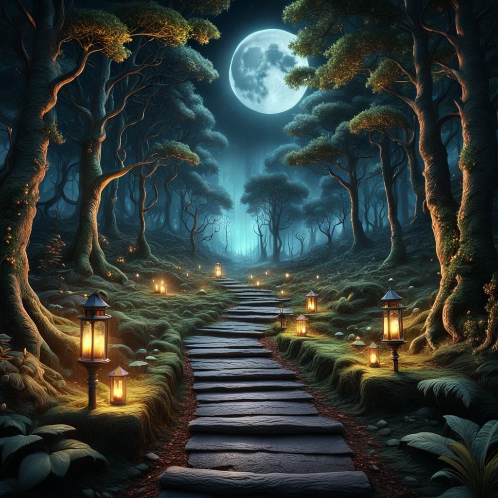 Candle lit pathway into a forest on a full moon night - AI Generated ...