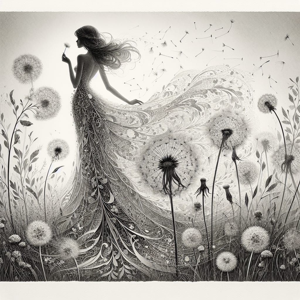 Lady Dandelion - Ethereal Lady Among Dandelions in Monochrom...
