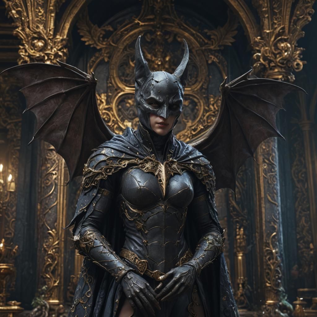 sensual humanoid bat worshipped as a god, dark baroque, hyperrealistic ...
