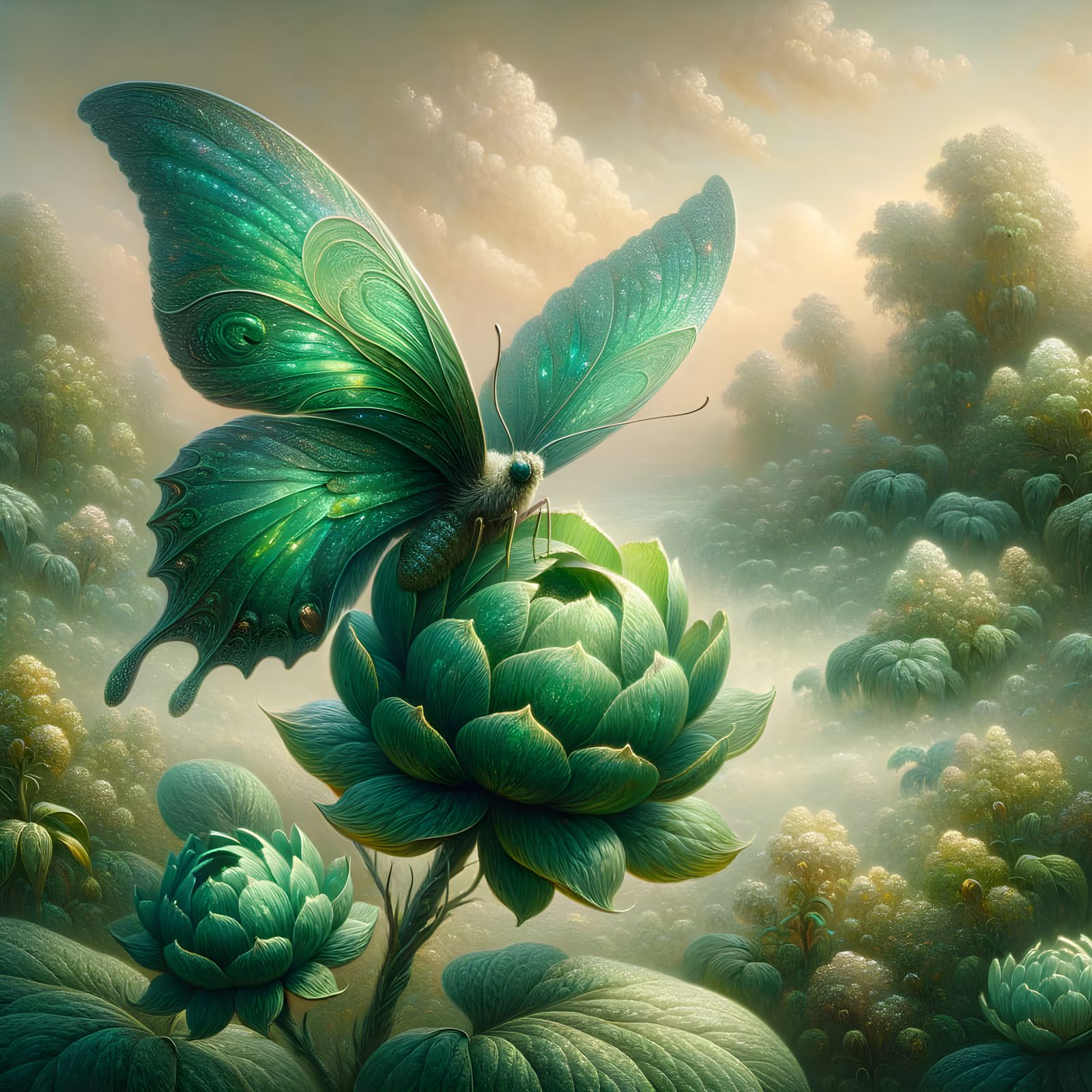 Romantic Shimmering Green Butterfly on Enchanted F... - AI Art