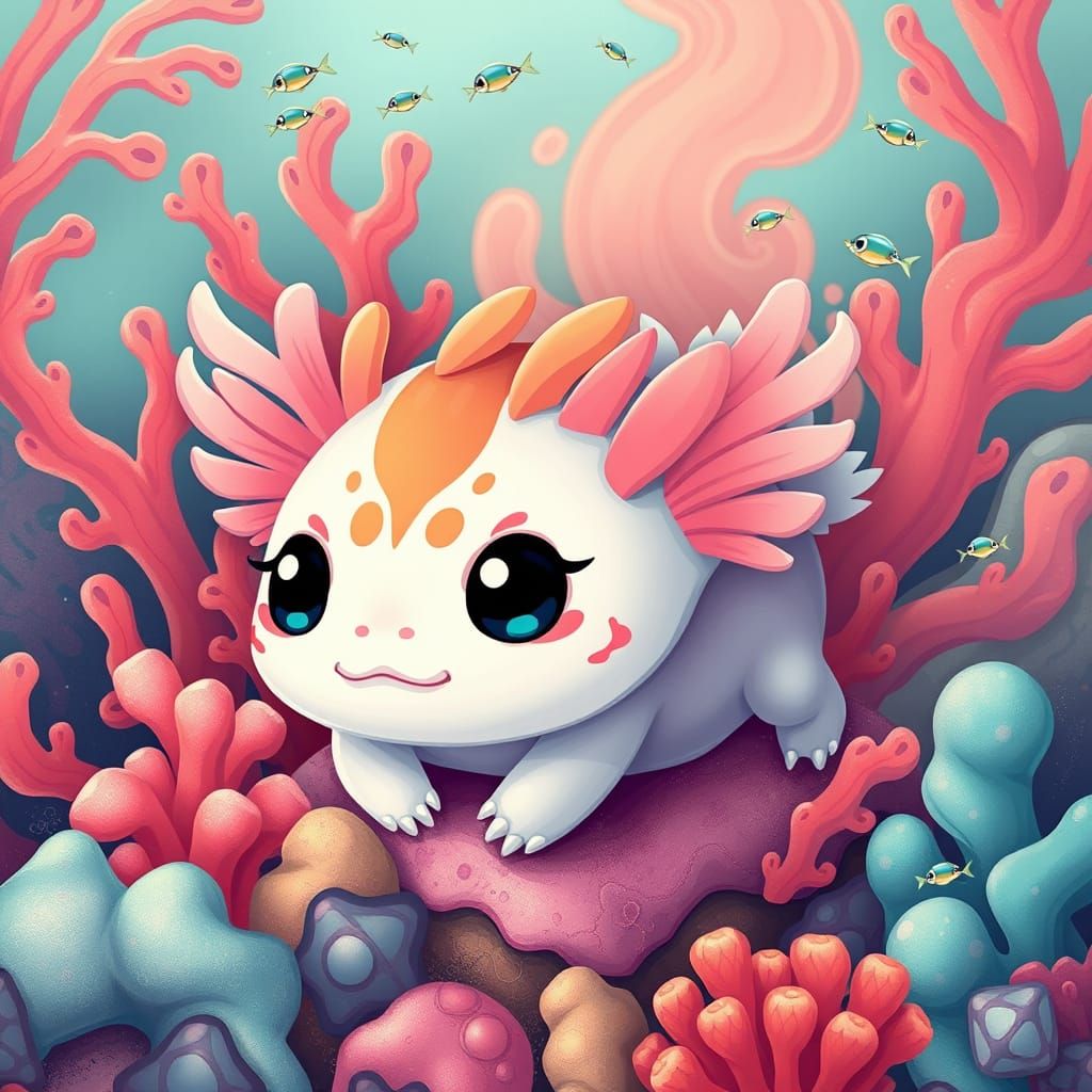 Chibi Axolotls. Background brightly colored coral - AI Art