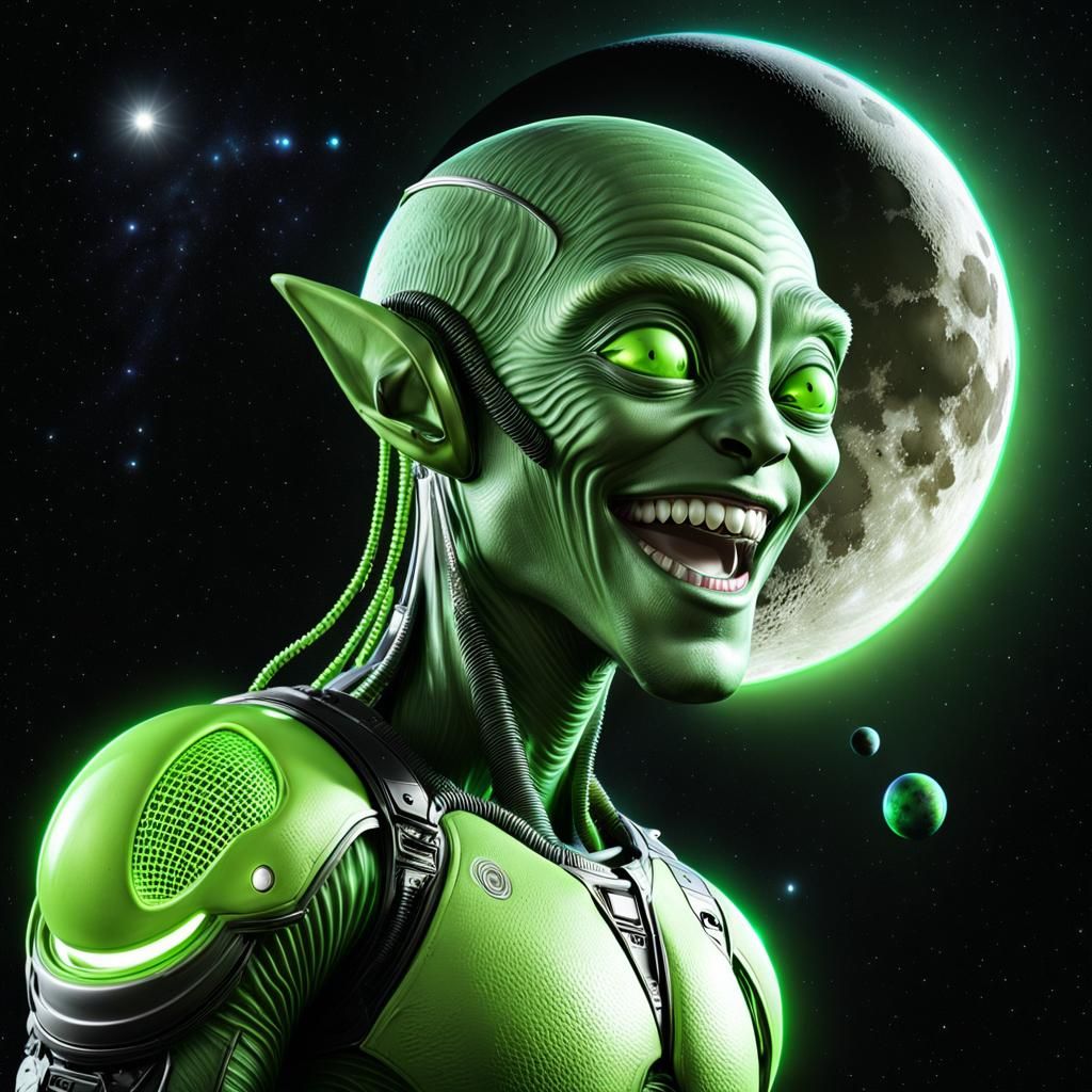 Photograph, Hyperrealistic, Macro, laughing neon green male Alien on ...