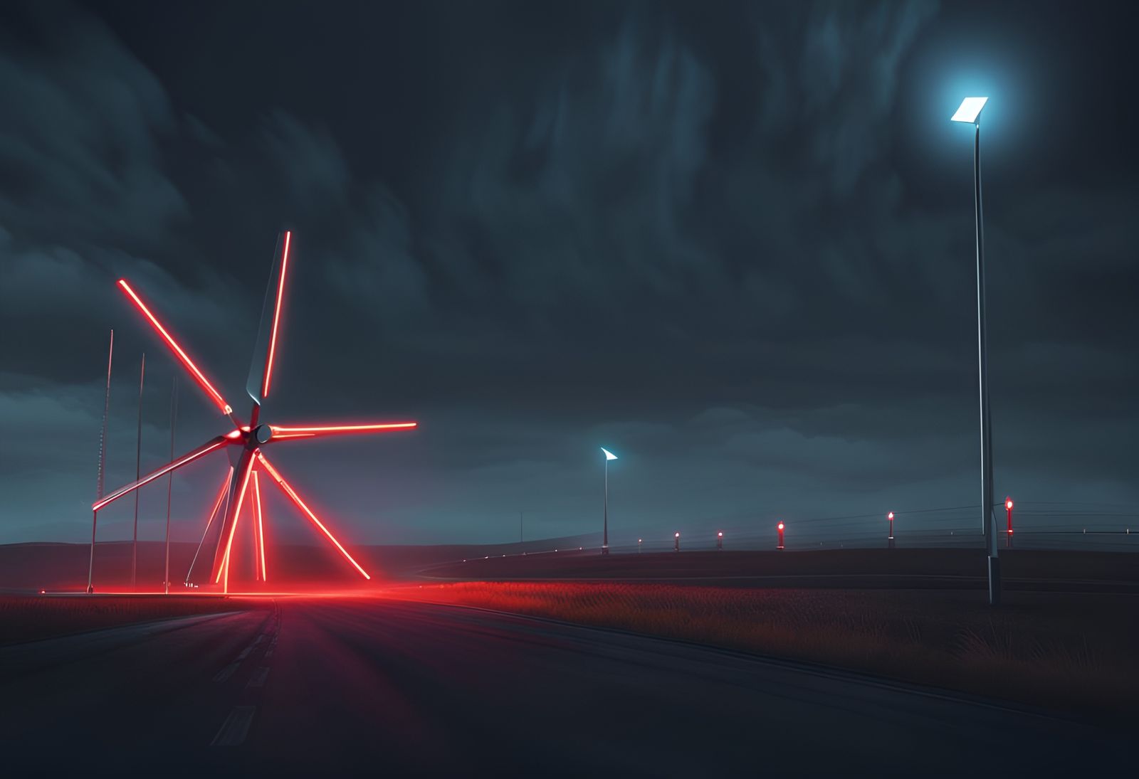 a futuristic windmill with red light on is next to a road - AI ...