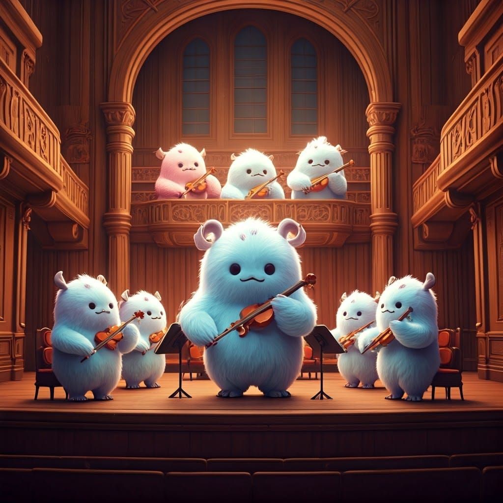 Fuzzy Monster Orchestra Performs in Elegant Concer... - AI Art