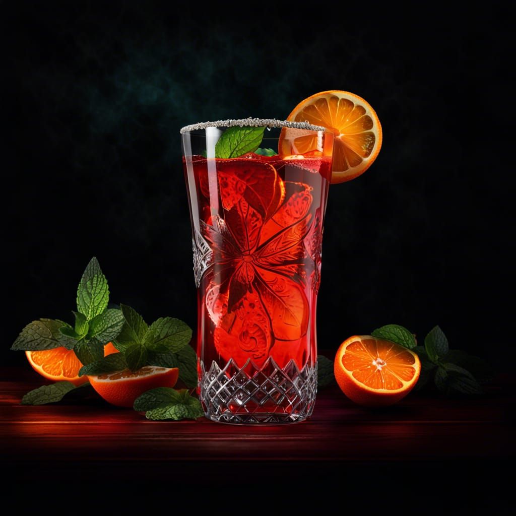 Vibrant orange-red cocktail in a tall glass with a wide base, glass ...