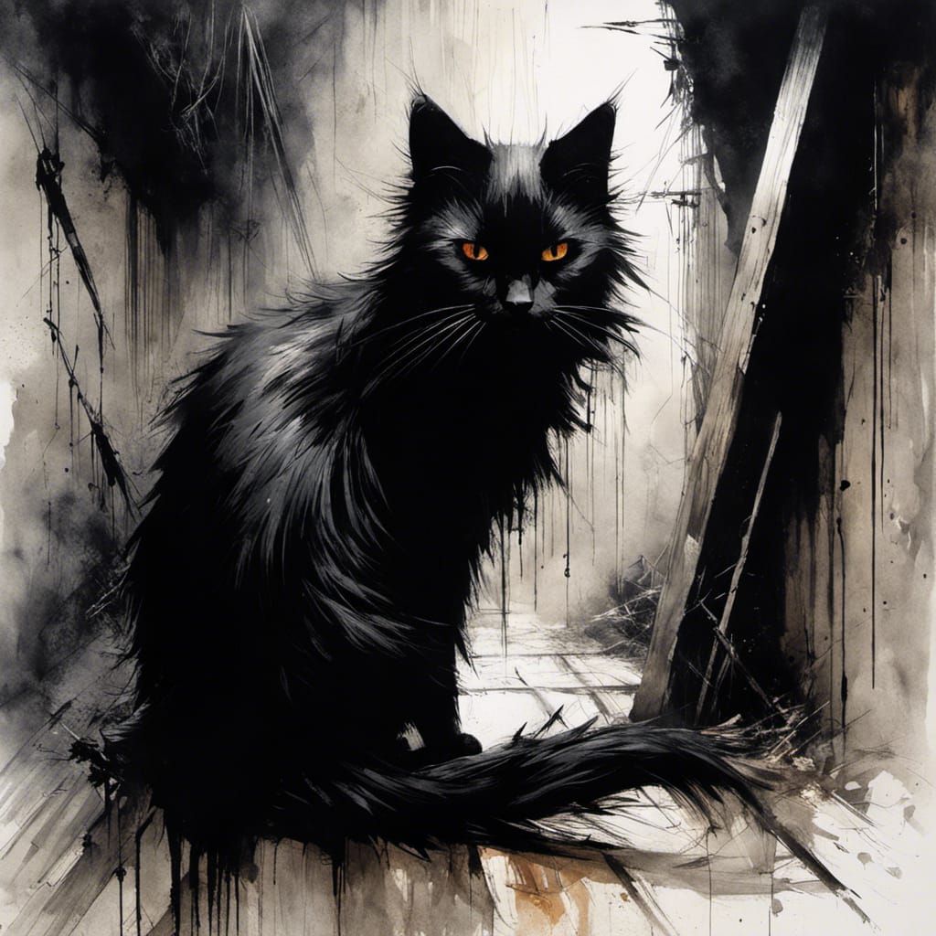{an adorable sinister black cat with shiny long spiky fur inside an ...