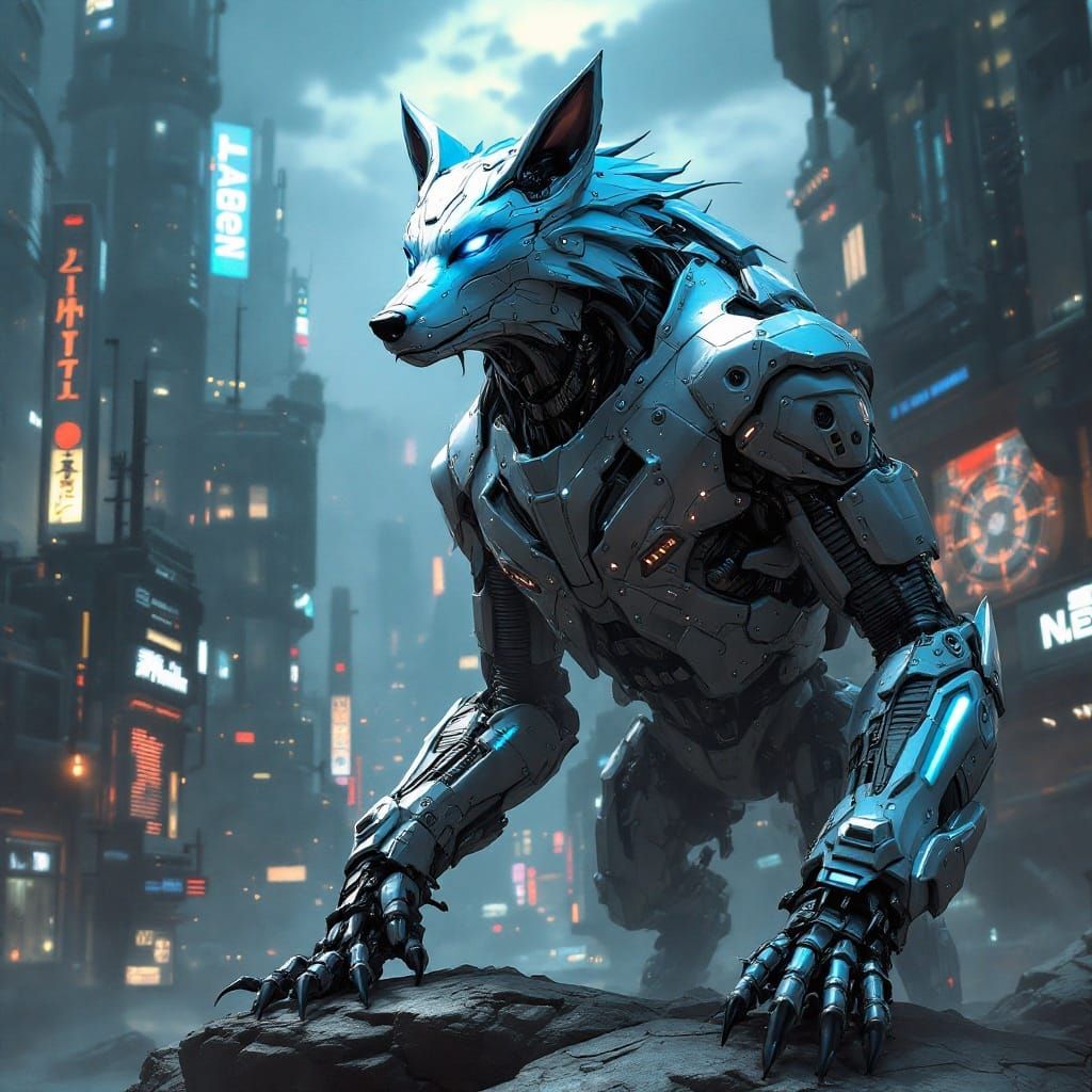 Futuristic Massive Cyber Wolf - Cybernetic Wolf in Dystopian...