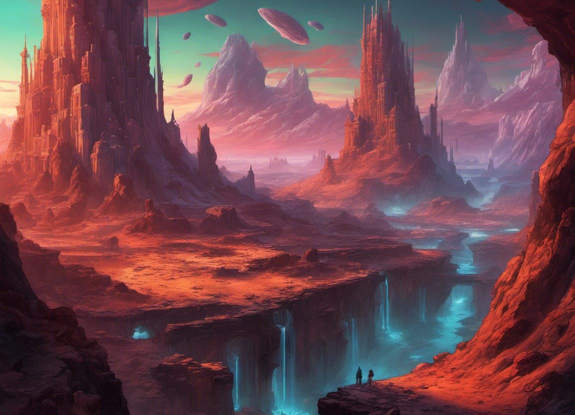 Ancient ruins on an alien ice planet at night.saturated color, colorful ...