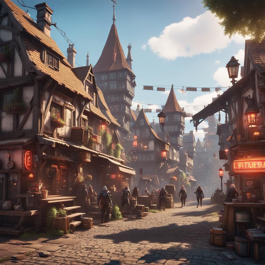 A busy futuristic medieval village - AI Generated Artwork - NightCafe ...