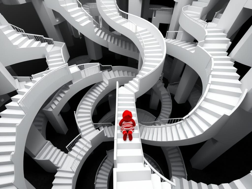 A surreal labyrinth of blank stairs and black fills the frame, creating ...