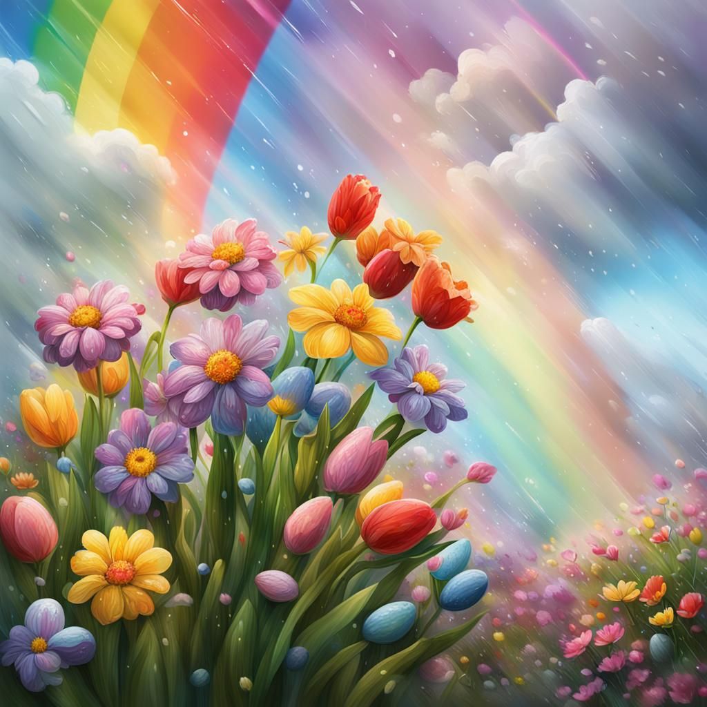 spring rain, flowers, clouds, rainbow, Easter Monday with friends - AI ...