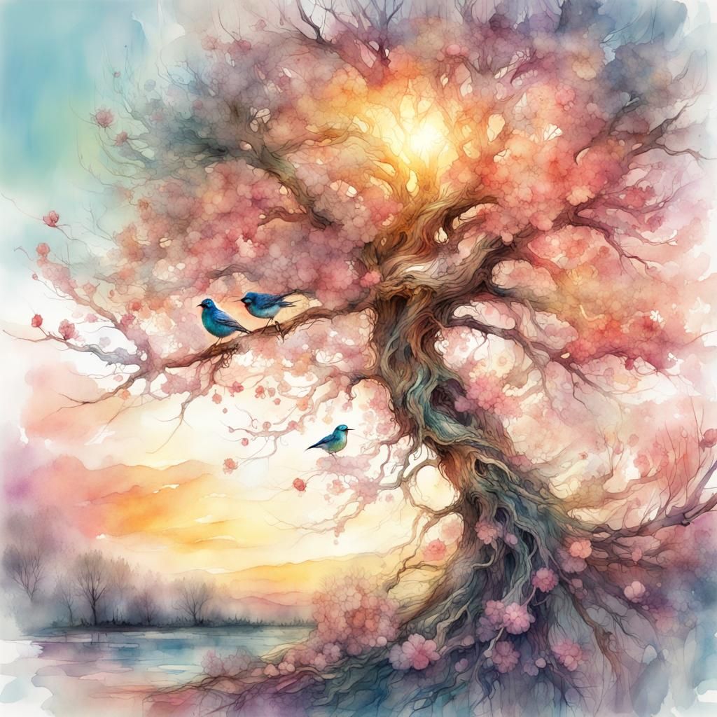chaotic blossom tree bird, Digital watercolor Illustration of a ...