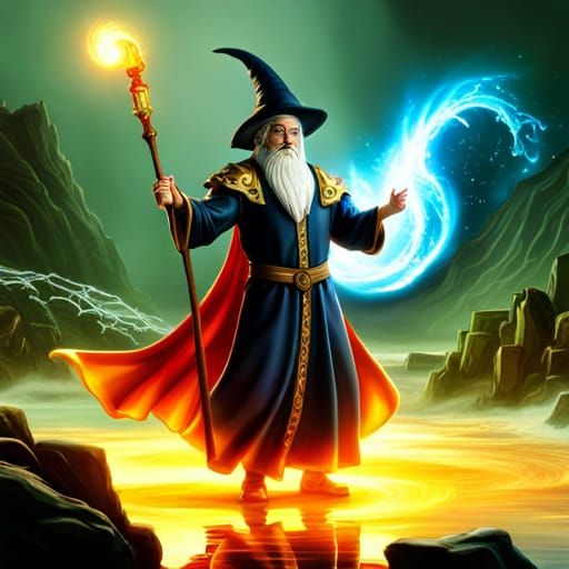 Majestic wizard holding magic staff casting a fantastic and vibrant ...