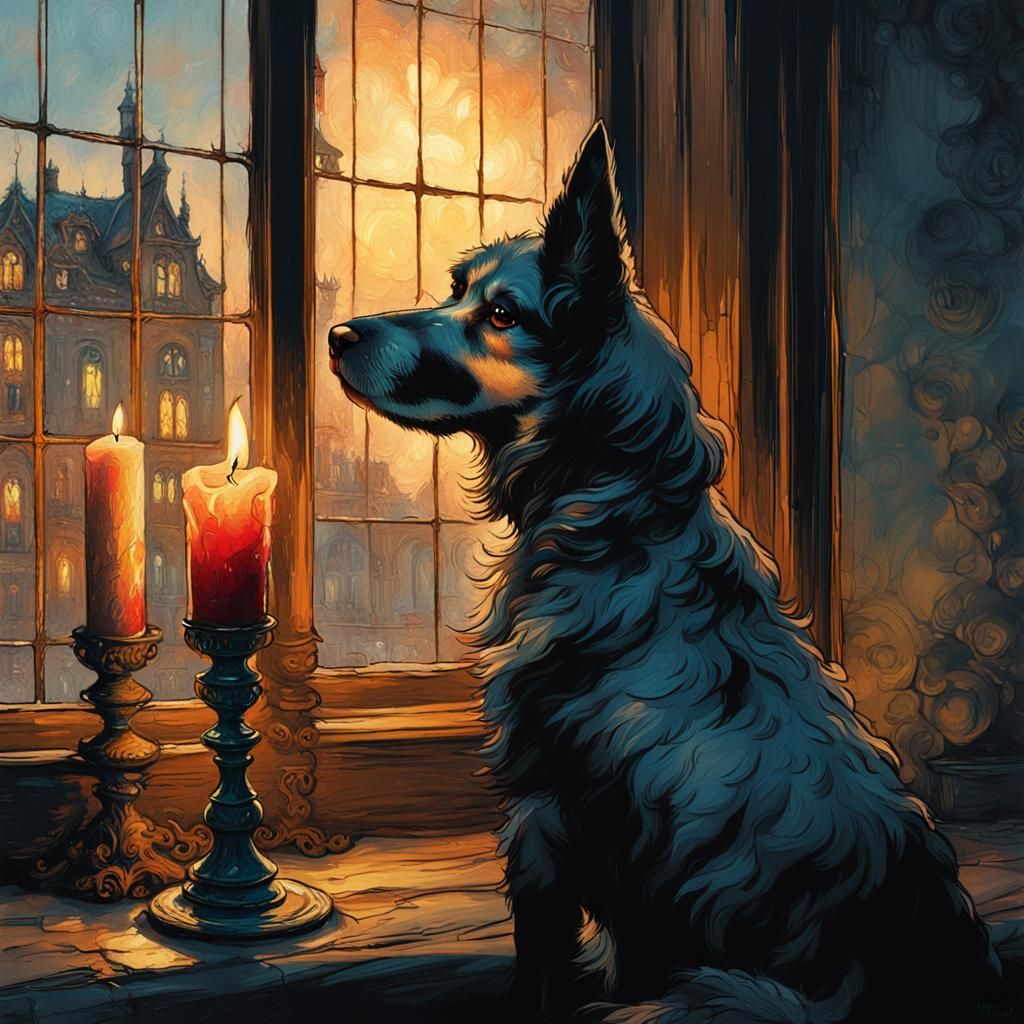 A dog sits by a candle, looking out a window, Hyperdetailed by Arthur ...