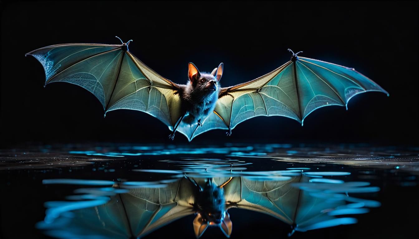 photoluminescent bat with perfect wings swooping after a moth above a ...