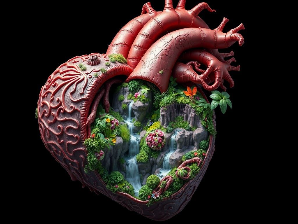 Imagine a hyper-detailed, hyper-realistic depiction of a human heart ...