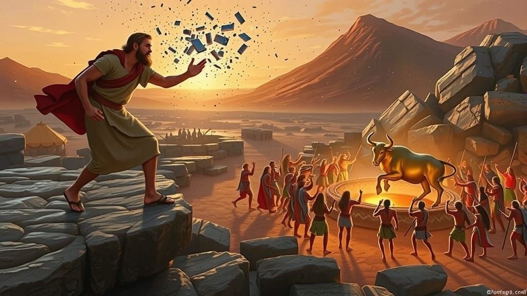 Angry Moses shattering the Tablets of the 10 Commandments.