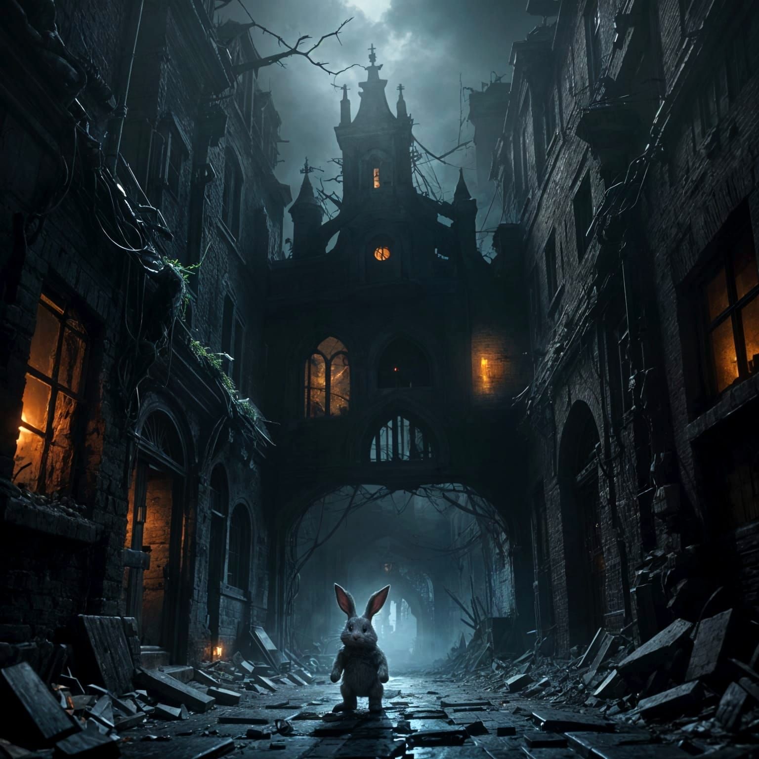 Cyberpunk Zombie Rabbit in Abandoned Alleyway - AI Art