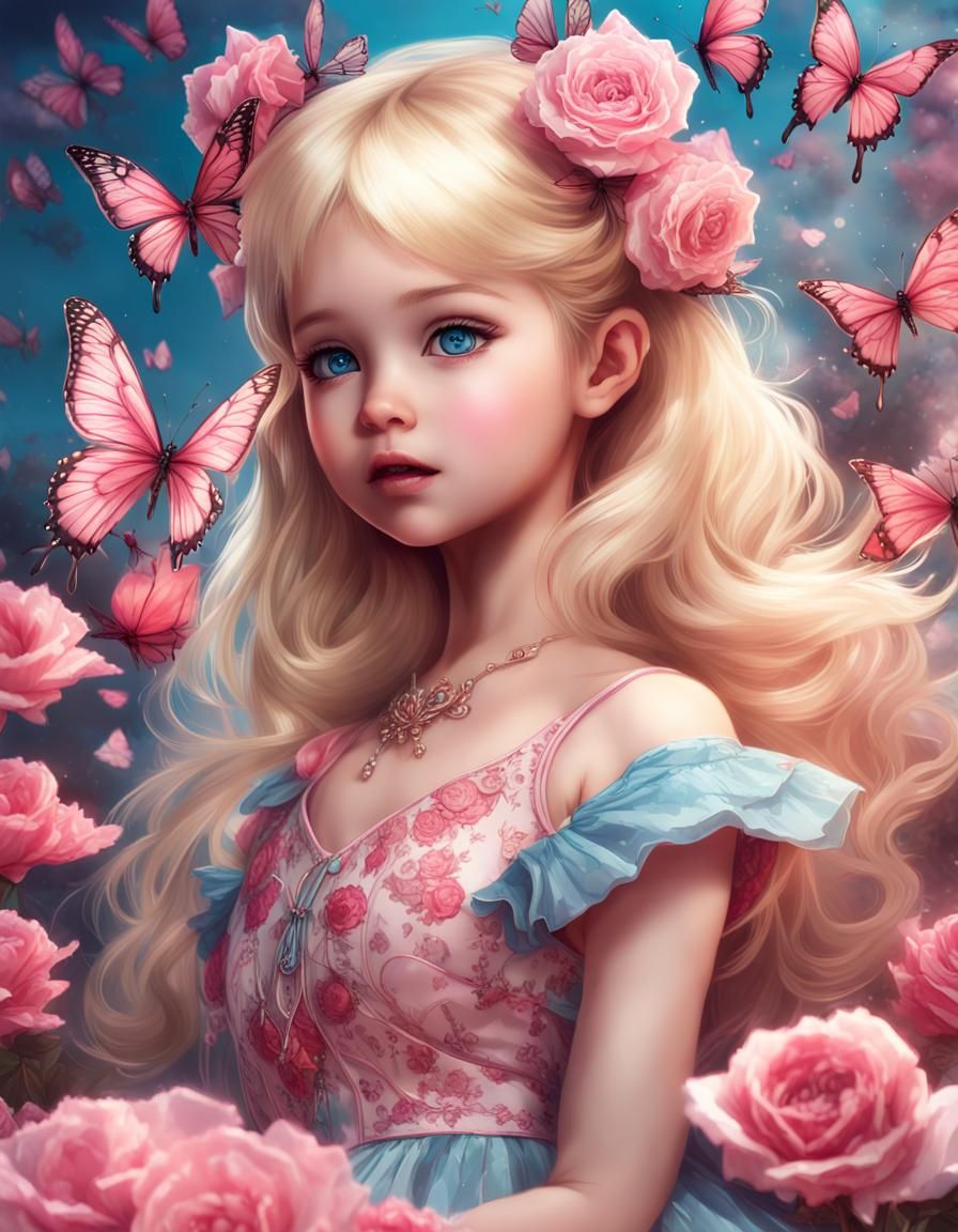 cute baby fea with pink butterflies, Opulent blue bright eyes, blond ...