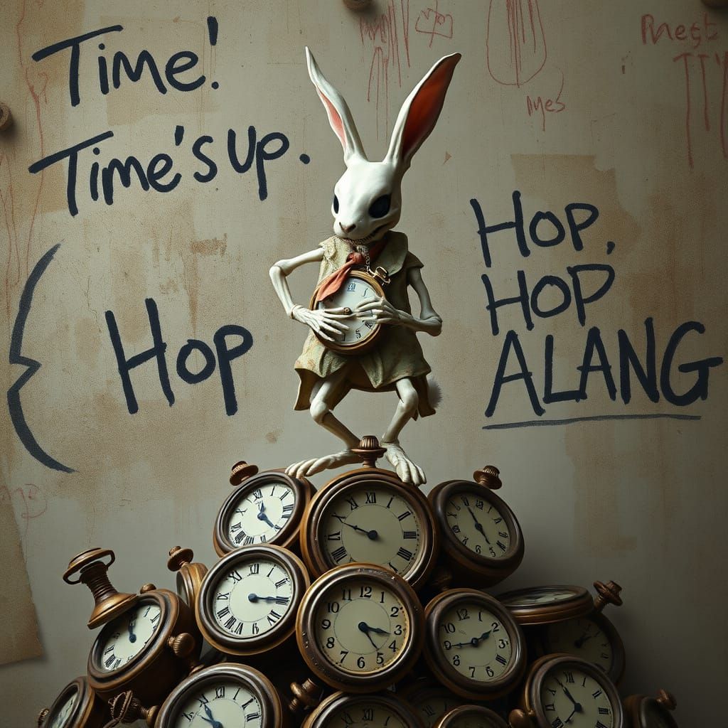 Skeletal Rabbit Stands atop Ticking Clocks with Gr... - AI Art