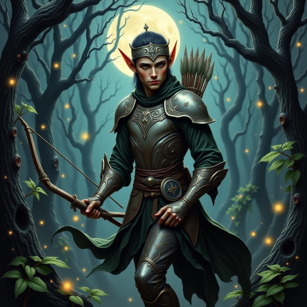 Mercenary Elf in Moonlit Forest - AI Art