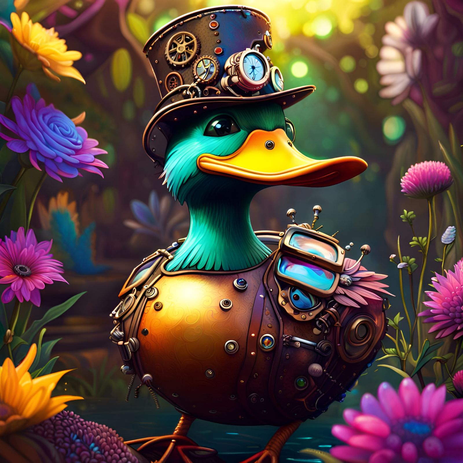 Steampunk fairycore duck in a colorful magical solarpunk garden - AI ...